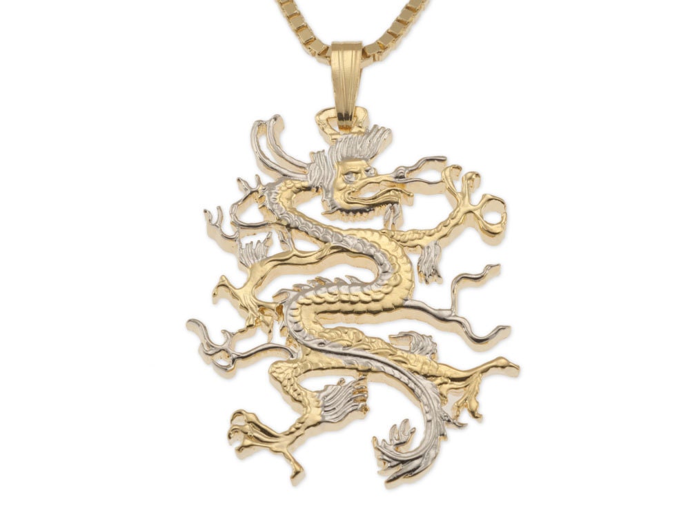 Hand Cut Chinese Dragon Coin Pendant, 14K Gold & Rhodium Plated - Etsy
