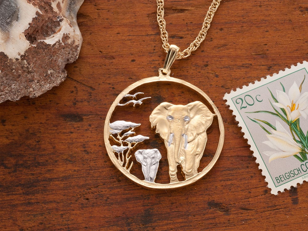 Elephant Pendant African Wild Life Jewelry Hand Cut Elephant Coin Pendant Elephant Jewelry 1 1 8 in Diameter R 945