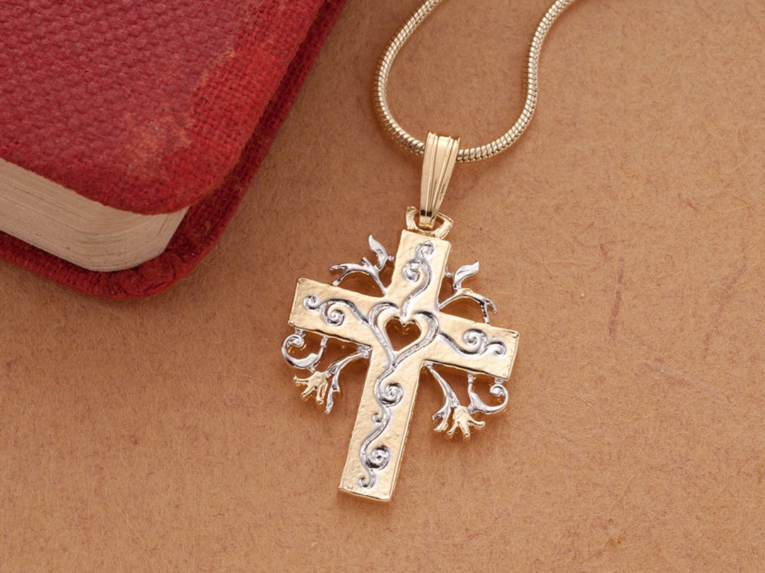 Hand Cut Religious Cross Pendant: 14K Gold & Rhodium Plated Necklace - Etsy