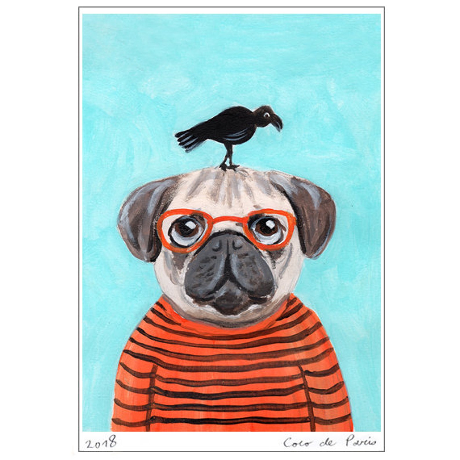 Pug With Bird Craw Black Birdpug Paintingpug Poster Pug - Etsy