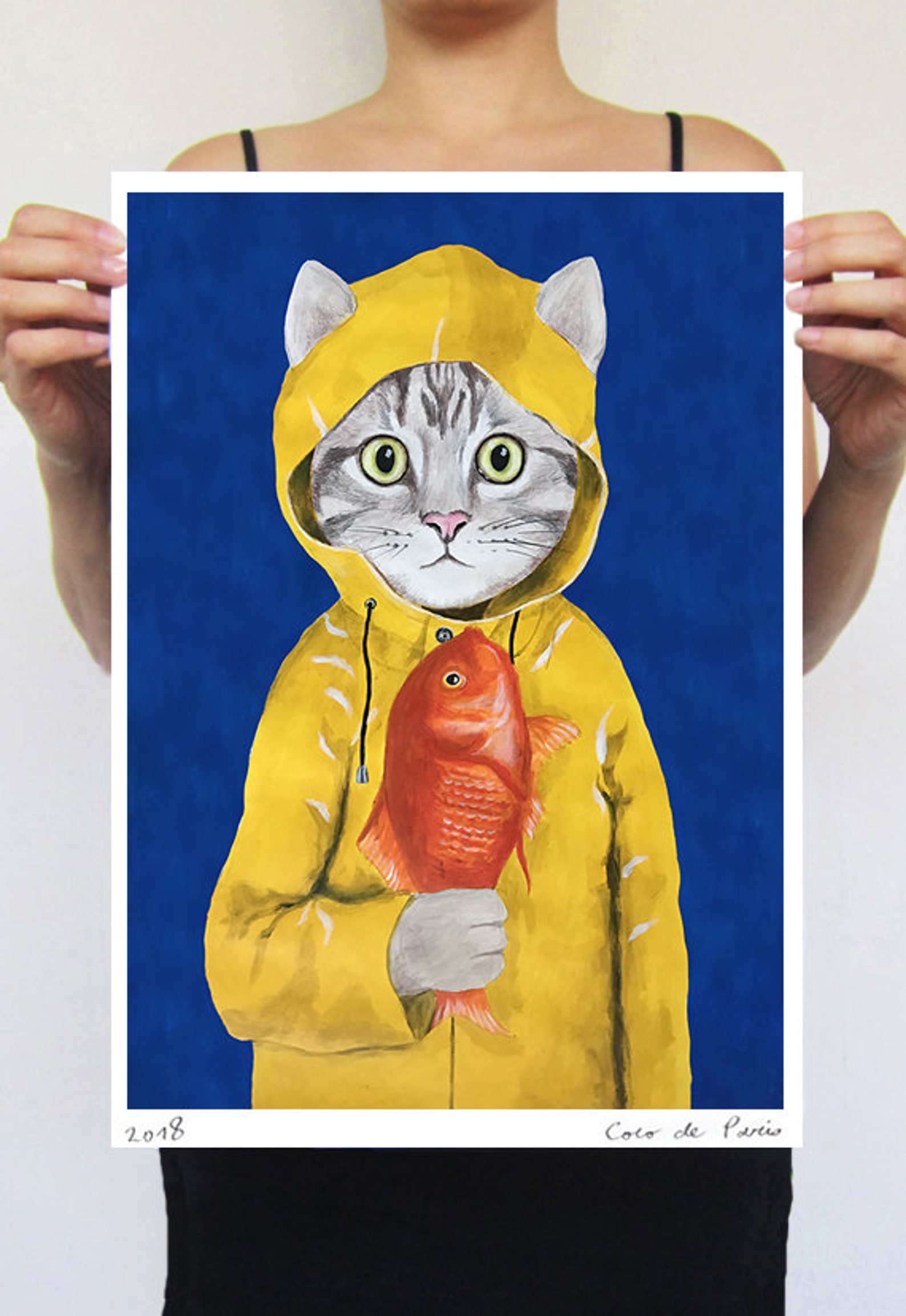 Cat With Fish, Kitten Poster, Cat Art, Cat Lovers, Kitten Print, Cat ...