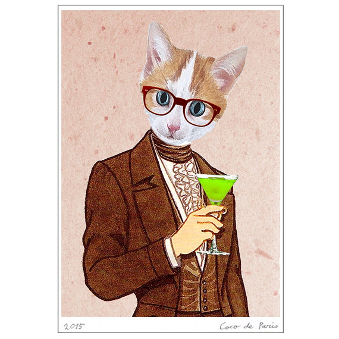Cocktail Cat Animal Painting Portrait Painting Giclee Print Acrylic ...