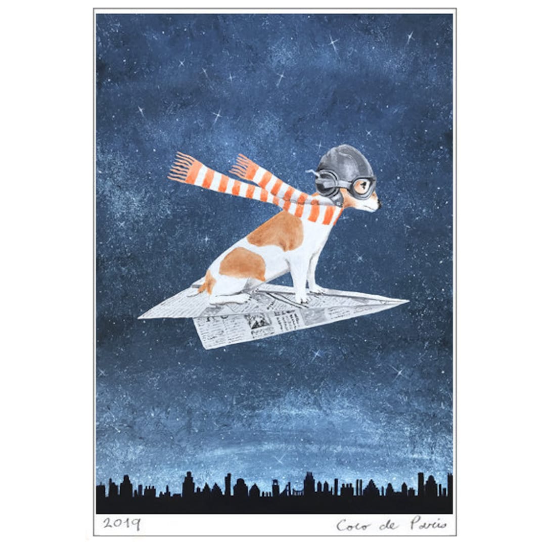 Jack Russell Flying on Paper Plane, Original Jack Russell Terrier Print ...