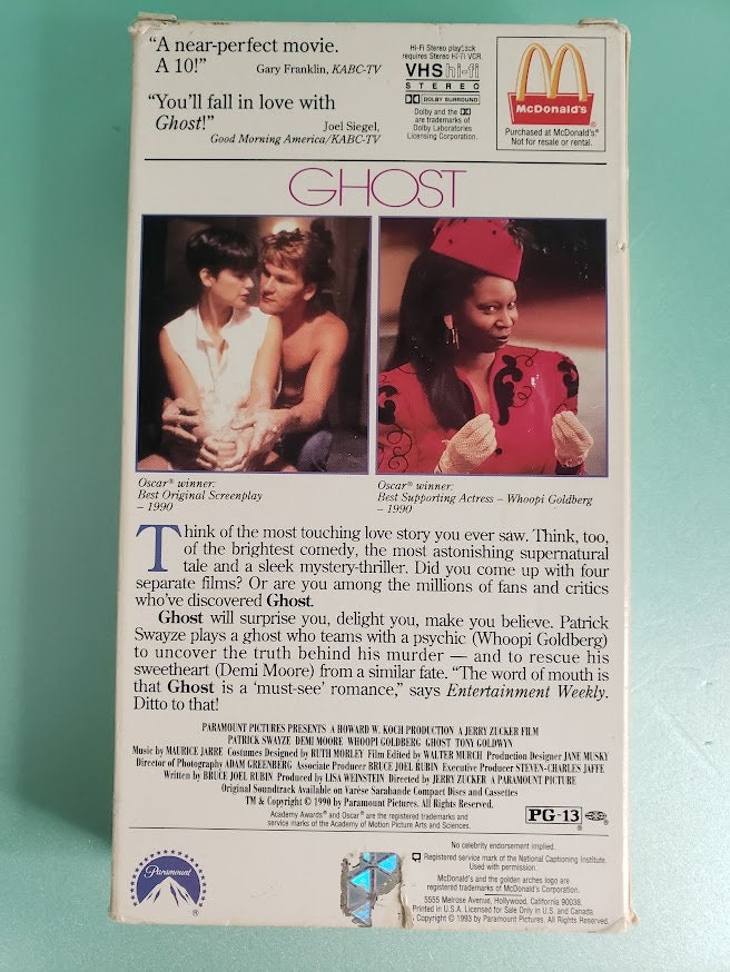Vintage VHS Movie Ghost 1990 Mcdonald's 1993 Promotion - Etsy