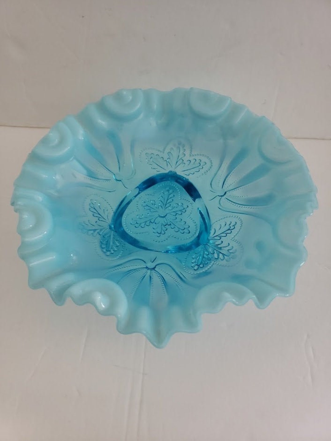 Vintage Jefferson Ruffled Blue Opalescent Glass Footed Bowl - Meander ...