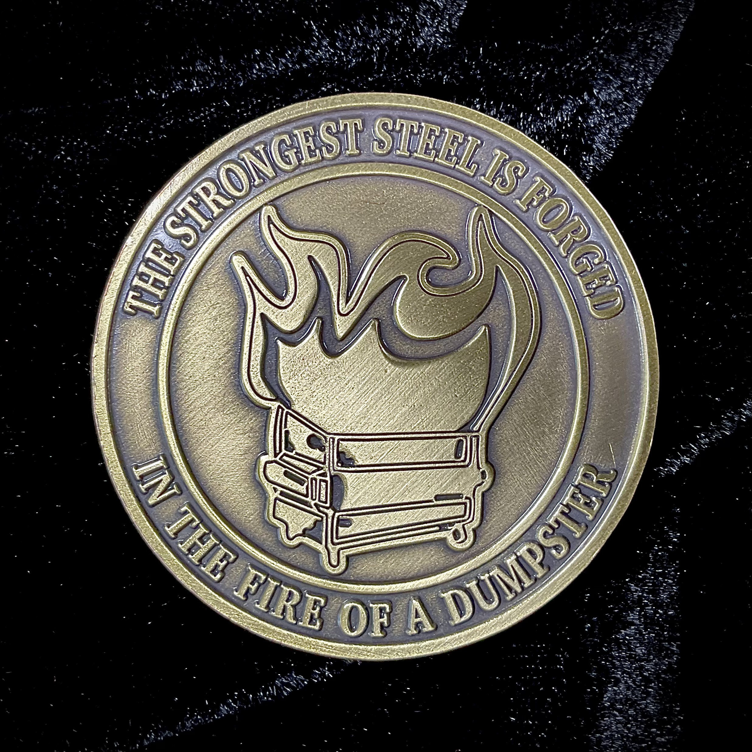Dumpster Fire Challenge Coin | Antique Copper — The Fine Art Revolution