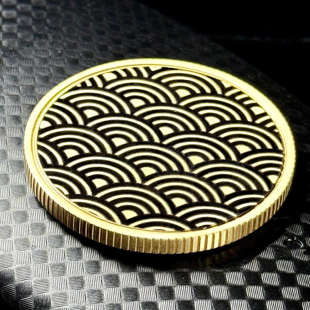 Brass Worry Coin | Japanese Wave Pattern No. 2 | Laser Engraved | Deep ...