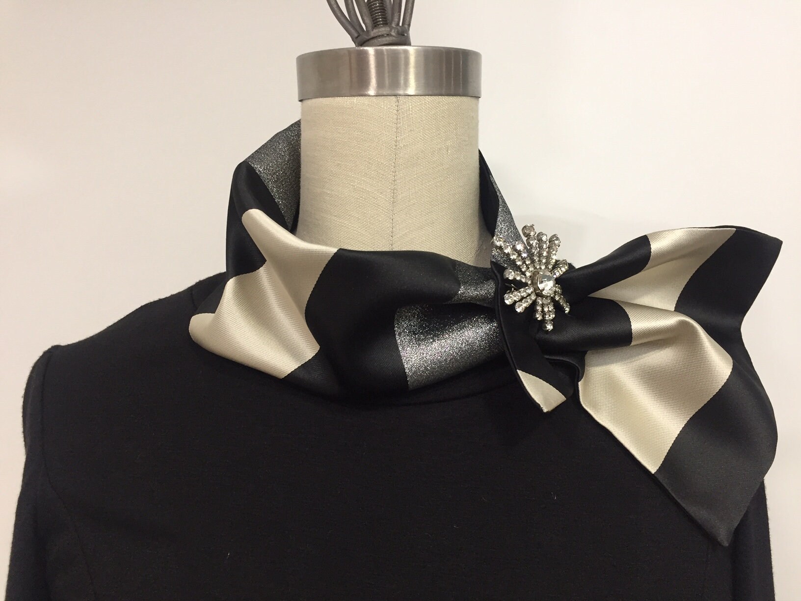 Reversible mini scarf, black off white and silver stripes scarf, key ...