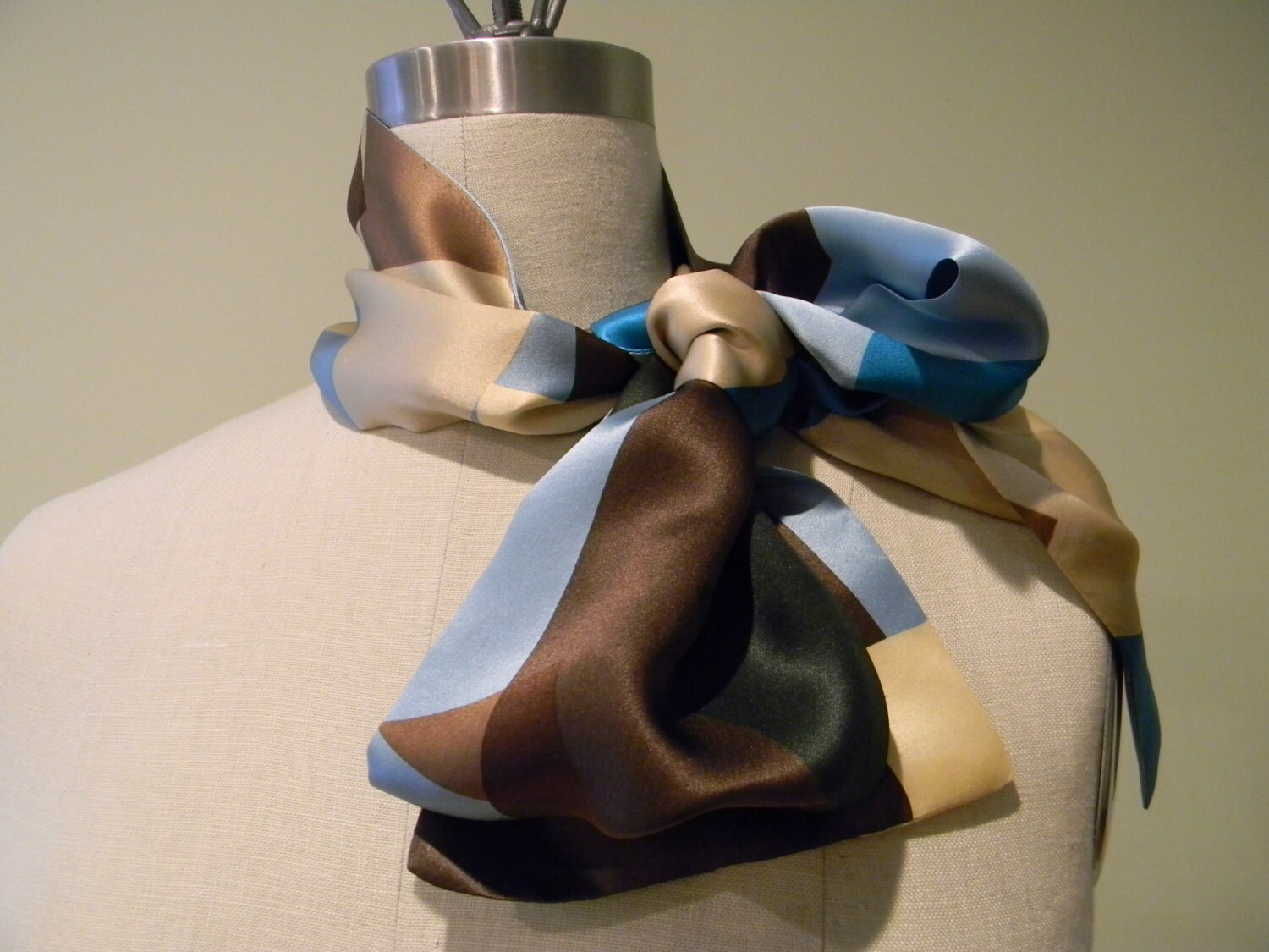 Geometric Silk Charmeuse Scarf, Mini Scarf, Brown,Blue, Beige, Black ...