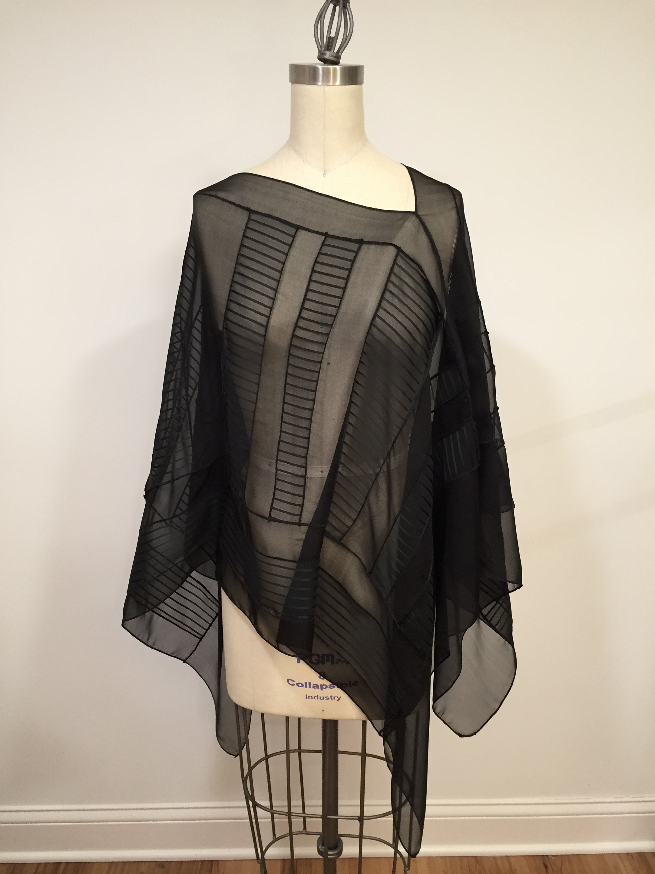 One of a kind silk poncho, black silk poncho, silk chiffon, wrap, stole ...