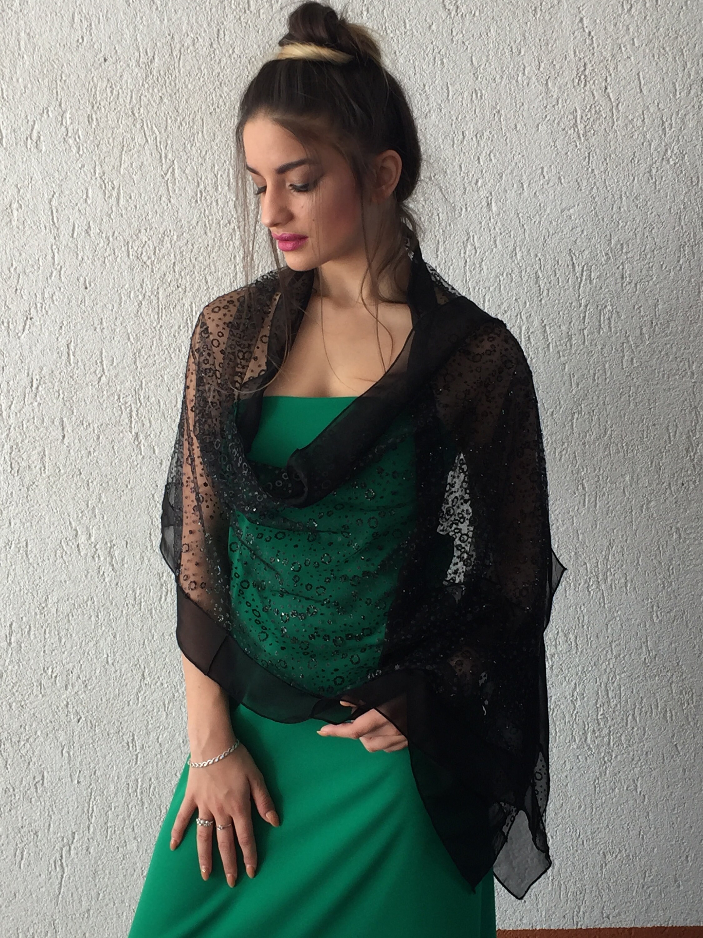 Evening black tulle shawl with sparkling dots, sheer sparkle wrap ...
