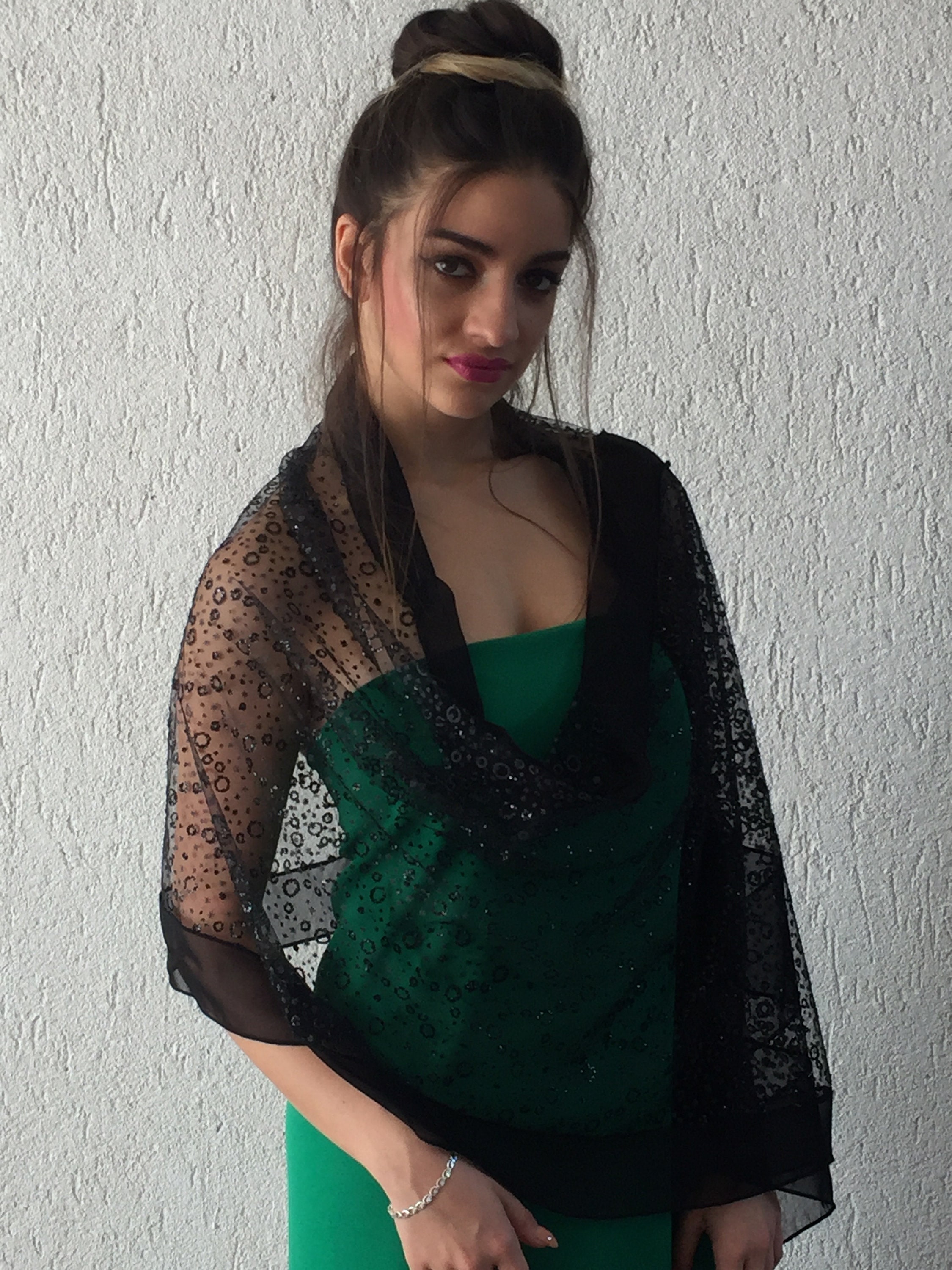 Evening black tulle shawl with sparkling dots, sheer sparkle wrap ...