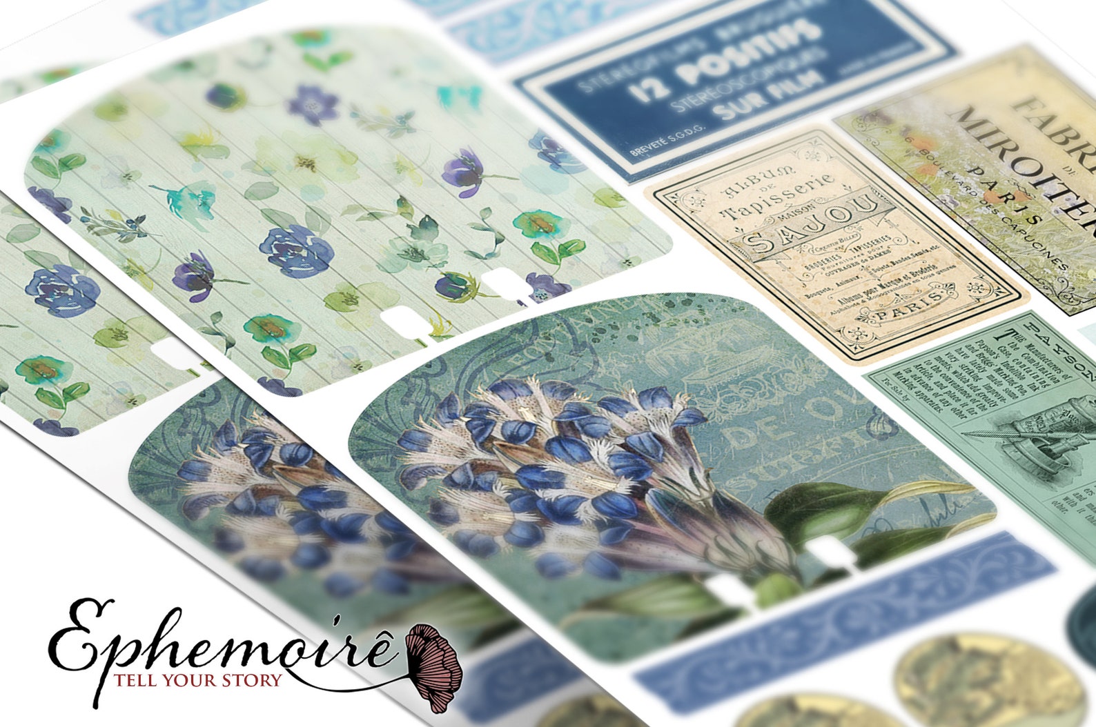 Printable DEX CARDS With Ephemera Sapphire Blue Floral Dex - Etsy