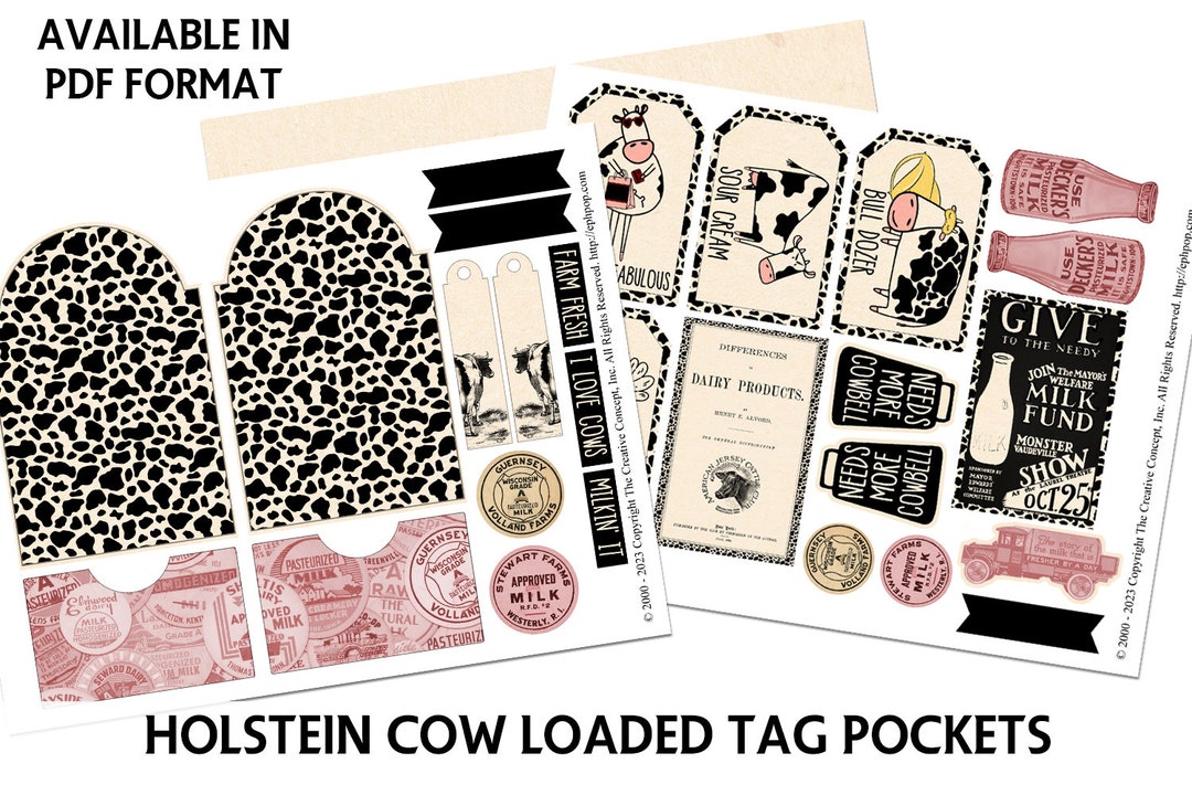 HOLSTEIN COW Loaded Tag Pockets - Journal Printable - Cute Cows Loaded ...
