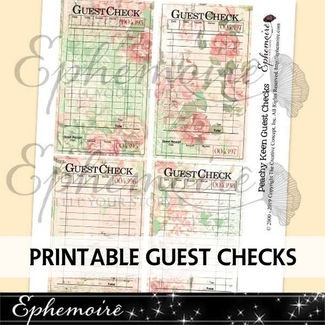 Printable GUEST CHECKS - Peach Roses - Rose Guest Check Printable ...