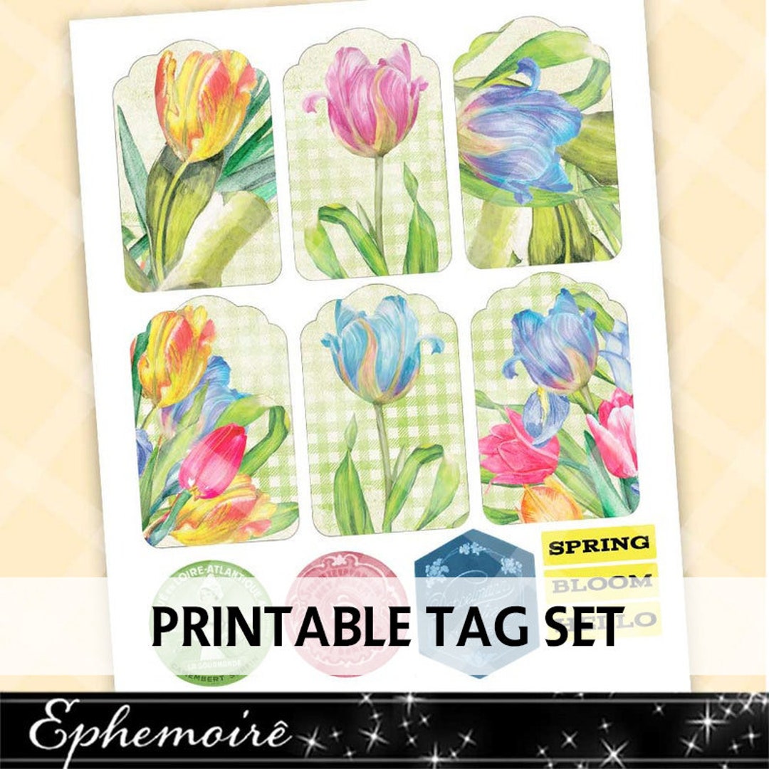 Digital Collage Sheet Printable Tags - Sunny Tulips Layered Tags ...