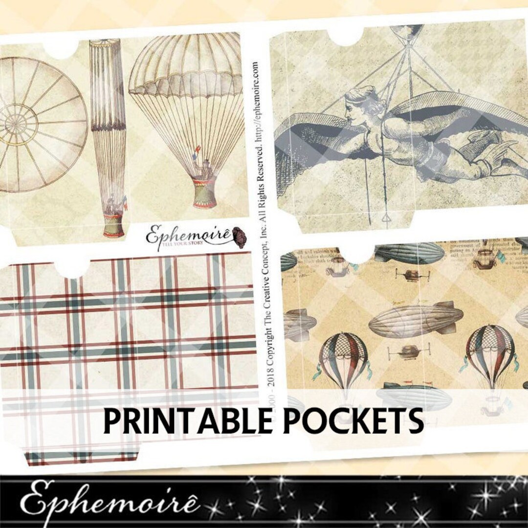 Junk Journal Printable - Hot Air Balloon - Air Ship - Ephemera Pocket ...
