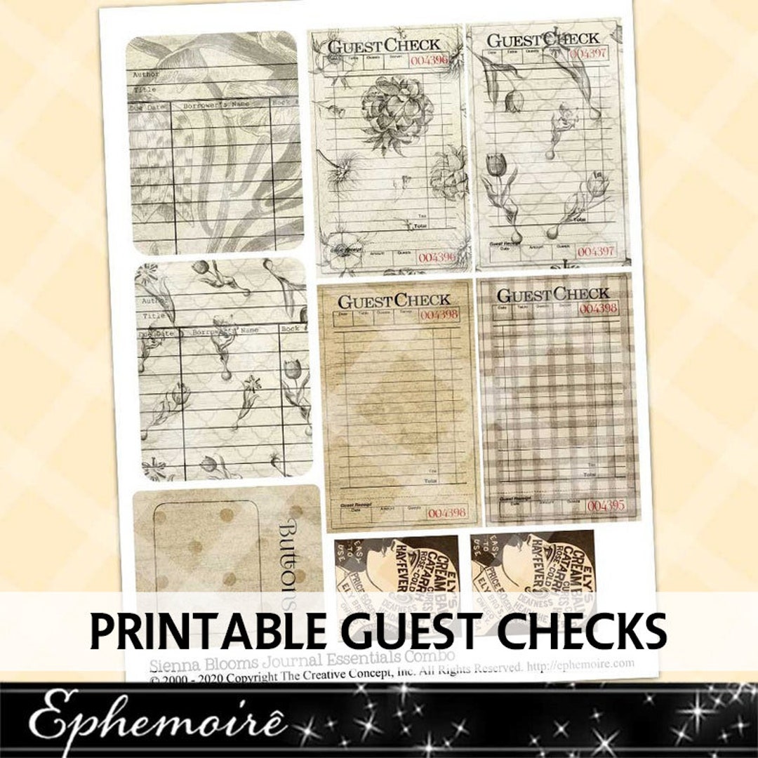 Junk Journal Printable LINED LIBRARY CARDS Printable Guest Checks ...