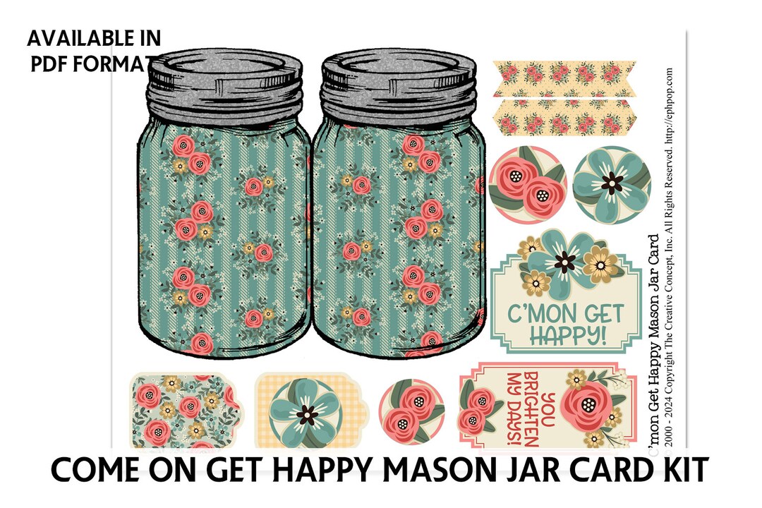 Printable MASON JAR CARD Kit Cute Floral Card Kit Cardmaking Elements ...