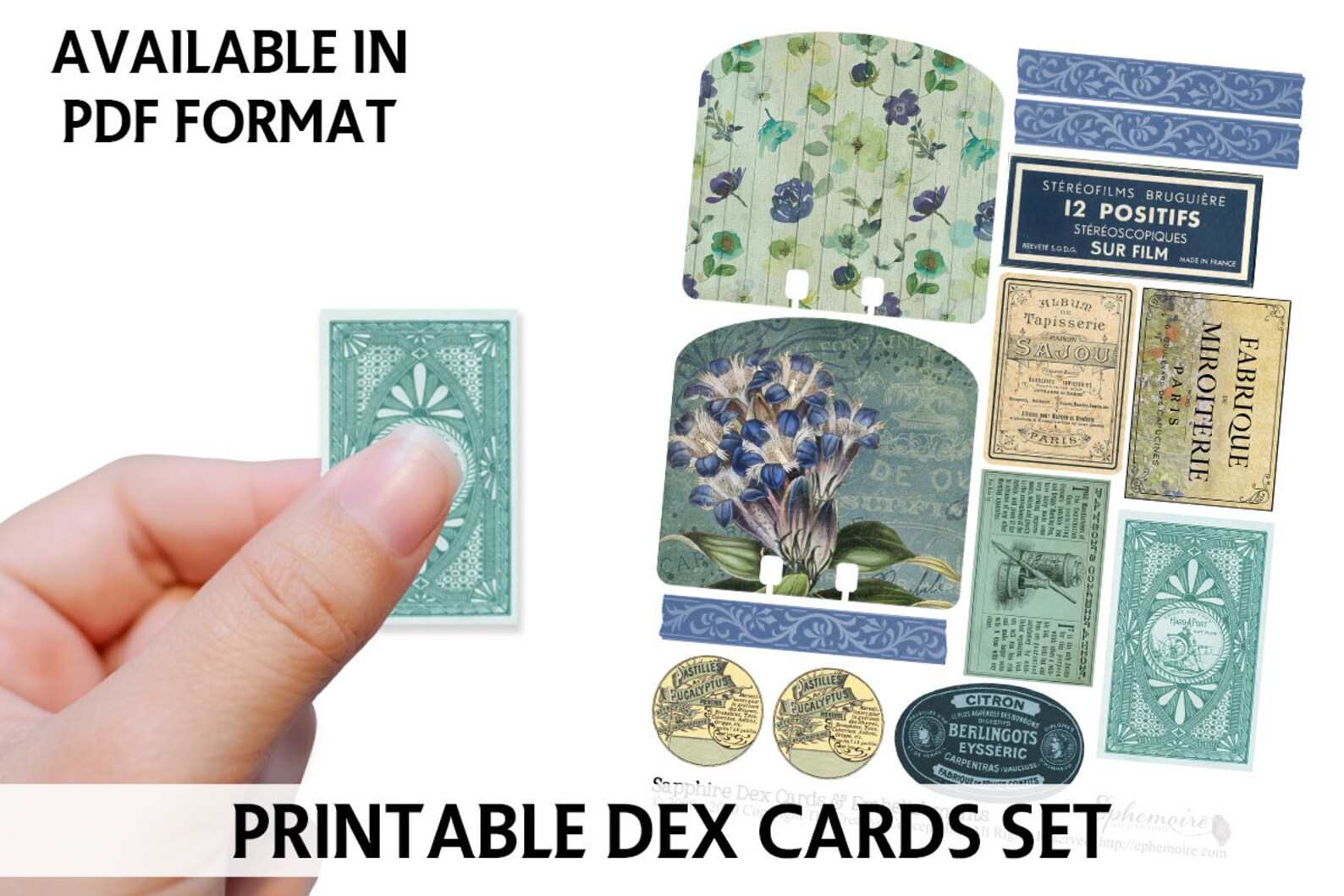 Printable DEX CARDS With Ephemera Sapphire Blue Floral Dex - Etsy
