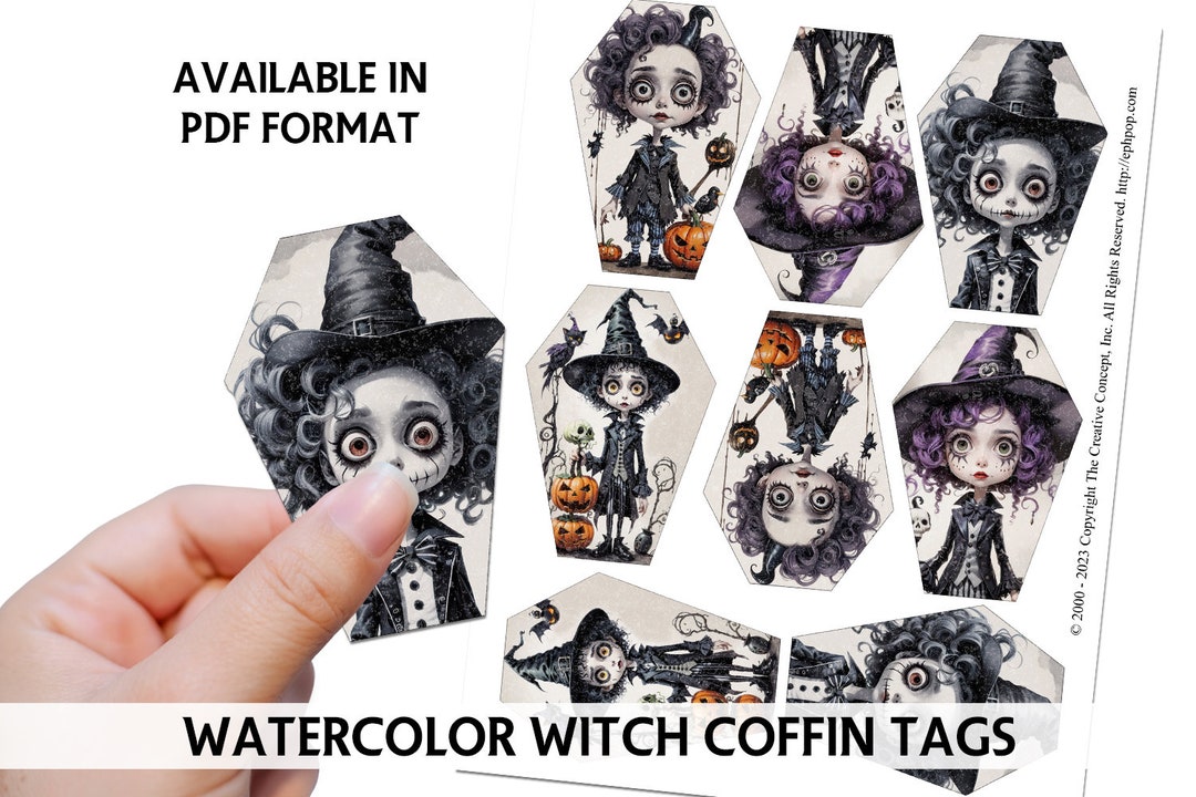 Printable WITCH Tags Coffin Shaped Halloween Tags Goth Halloween ...