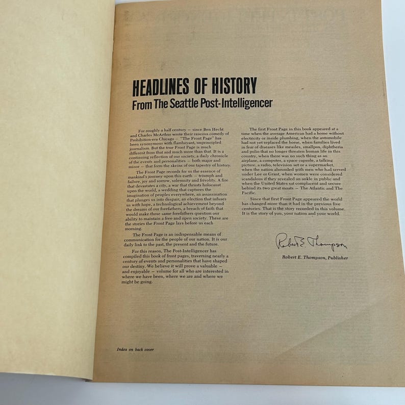 Vintage Book, Headlines of History, From the Seattle Post-intellifencer ...