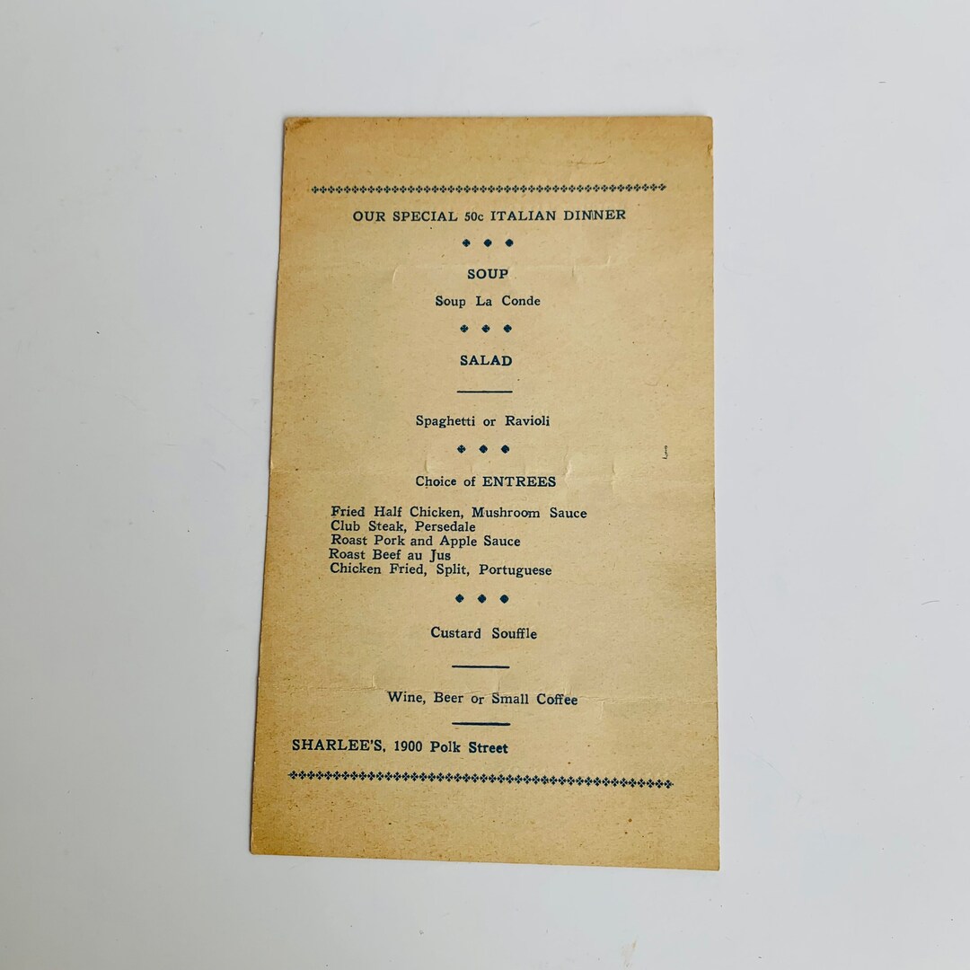 Vintage Restaurant Menu, Sharlee's 1900 Polk Street, Italian Dinner - Etsy