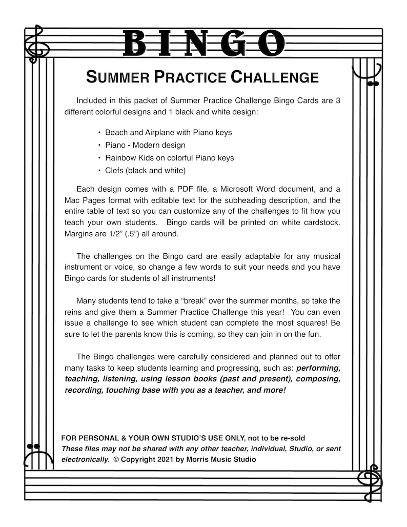 BINGO Music Practice Incentive Summer Packet - Piano, Instrument or ...