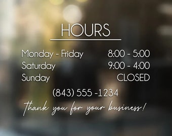 Store Hours Window Decal | Simple Hours of Operation | Storefront Decal ...