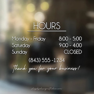 Hours Window Decal | Modern Store Hours of Operation | Storefront Decal ...