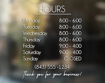 Store Hours Window Decal Simple Hours of Operation Storefront Decal ...