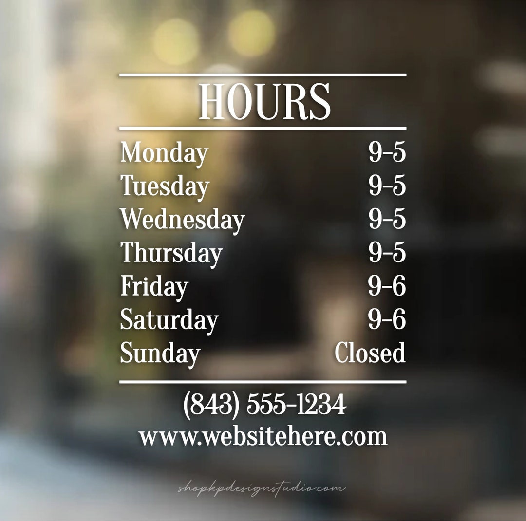 Store Hours Window Decal | Simple Hours of Operation | Storefront Decal ...