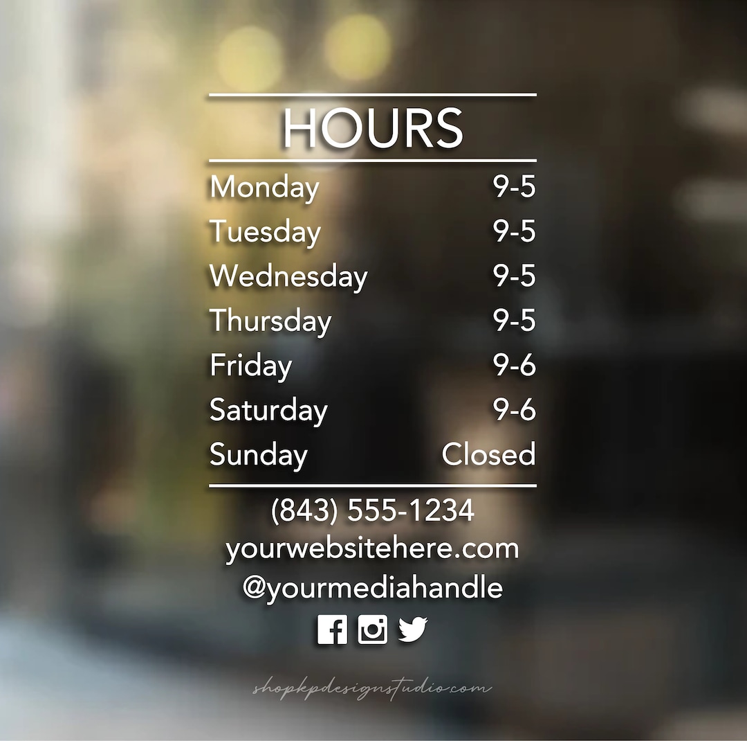 Hours Window Decal | Simple Hours of Operation | Storefront Decal ...