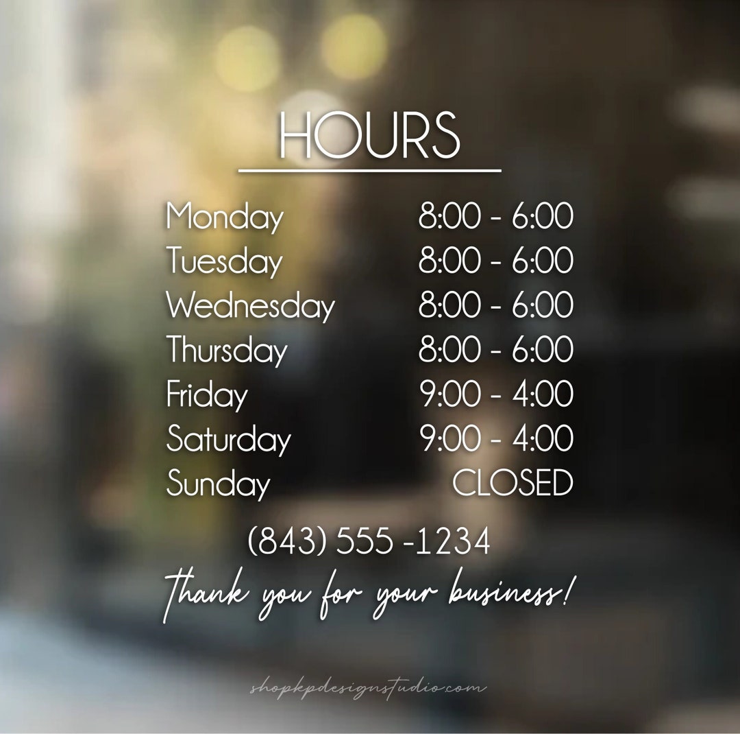 Hours Window Decal | Simple Hours of Operation | Storefront Decal ...