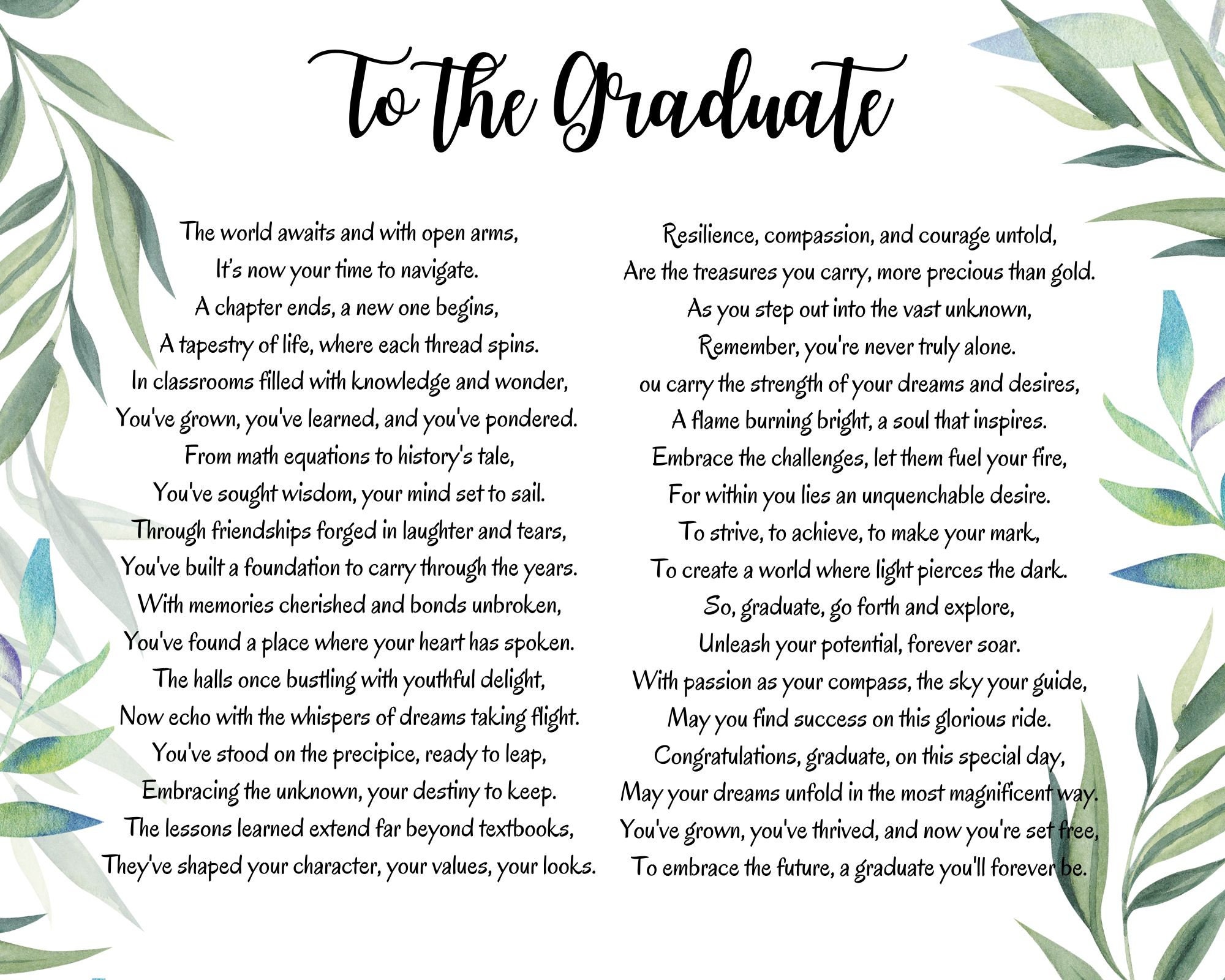 Graduation, Graduate Poem, Gift, Instant Download, Printable, Digital ...