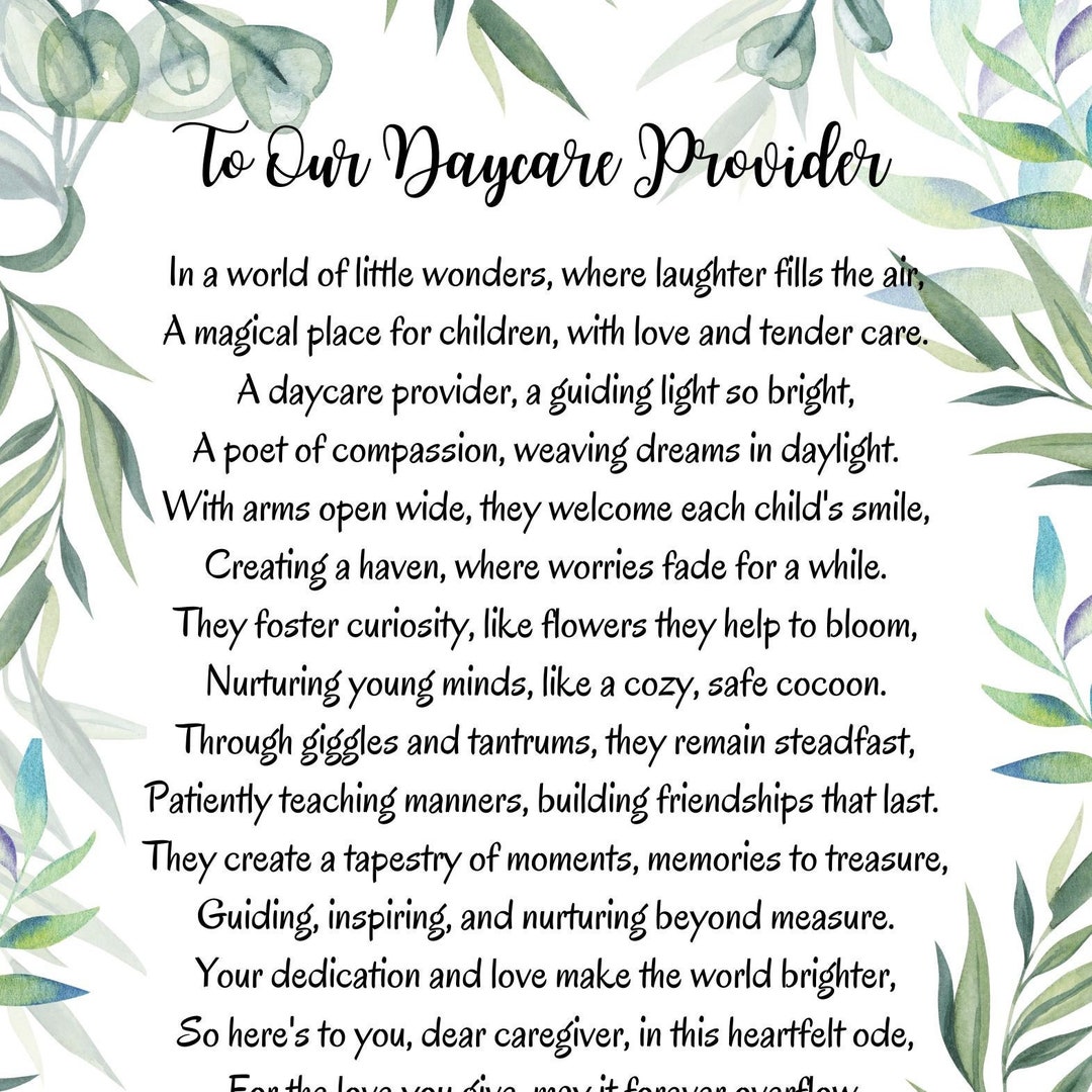 Daycare Provider Thank You Poem, Babysitter Thank You, Gift, Instant ...