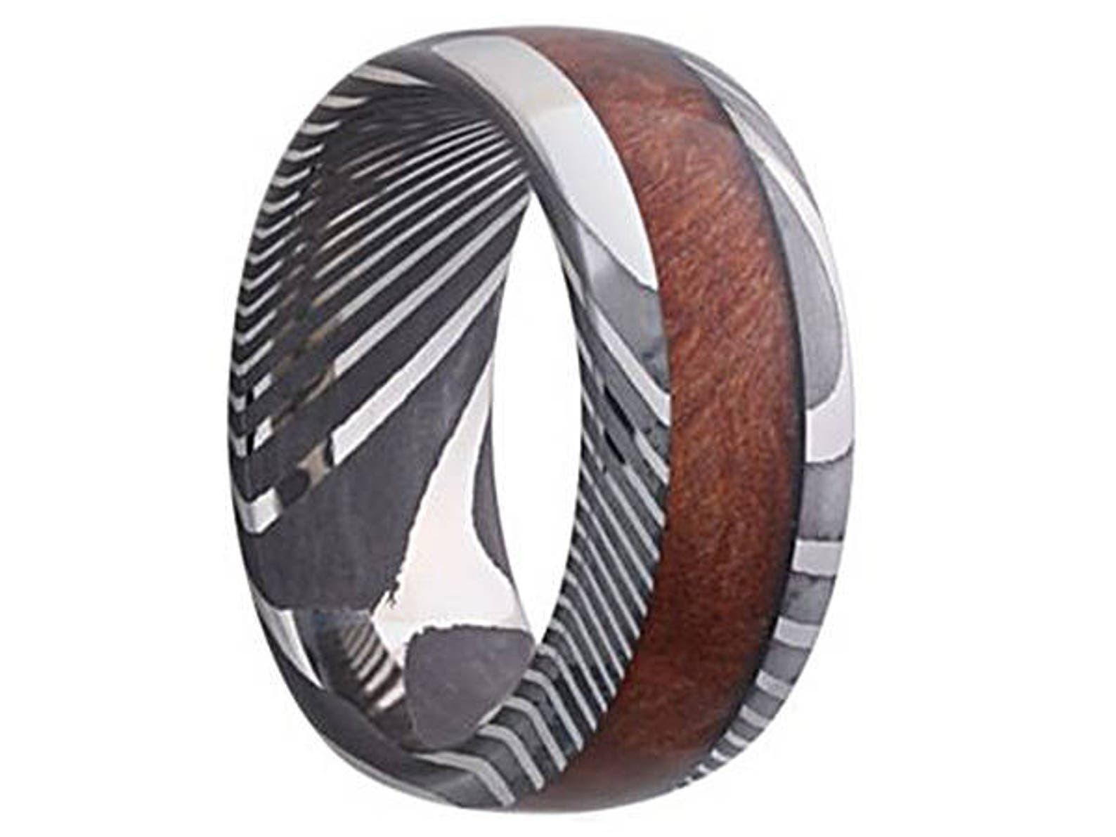 Damascus Steel Wedding Band Twisted With Real Natural Burl Wood Inlay ...