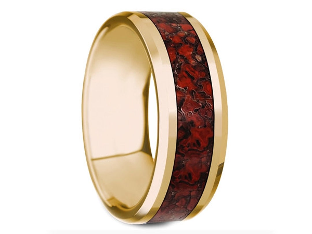 Red Dinosaur Bone Inlay 14K Yellow Gold Wedding Band 8mm 14K Yellow ...