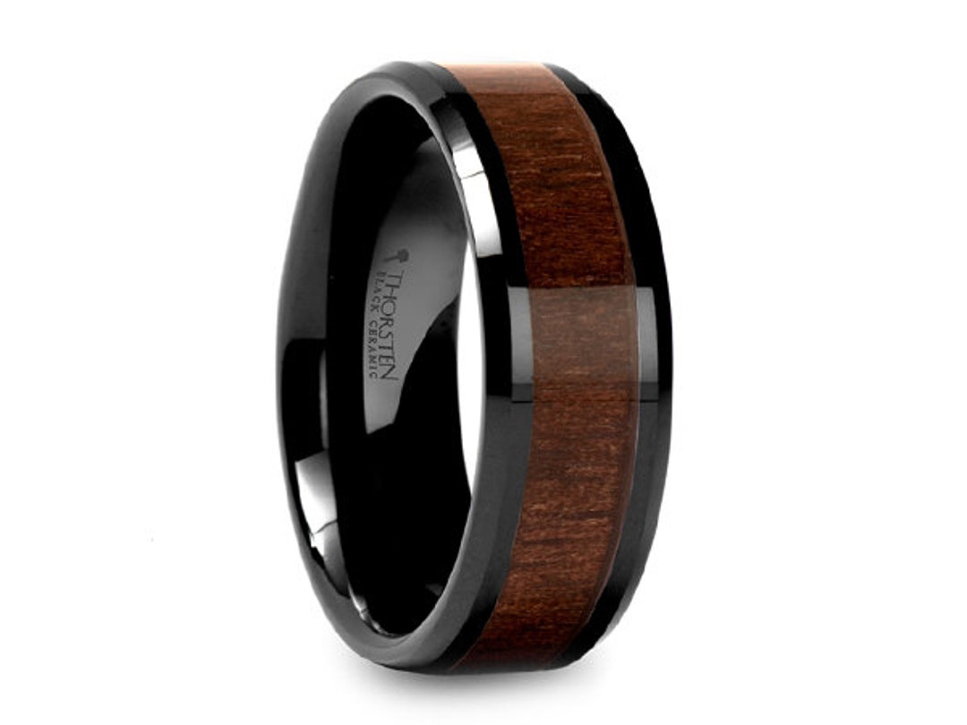 Black Walnut Wood Inlay Black Ceramic Wedding Band 8mm Ceramic Inlaid ...