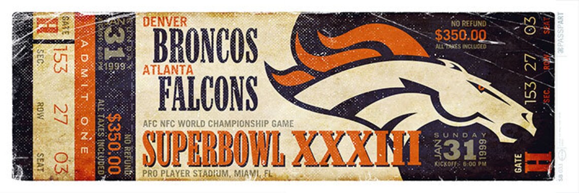 Superbowl 33 - Denver Broncos Vintage Ticket Poster - Etsy
