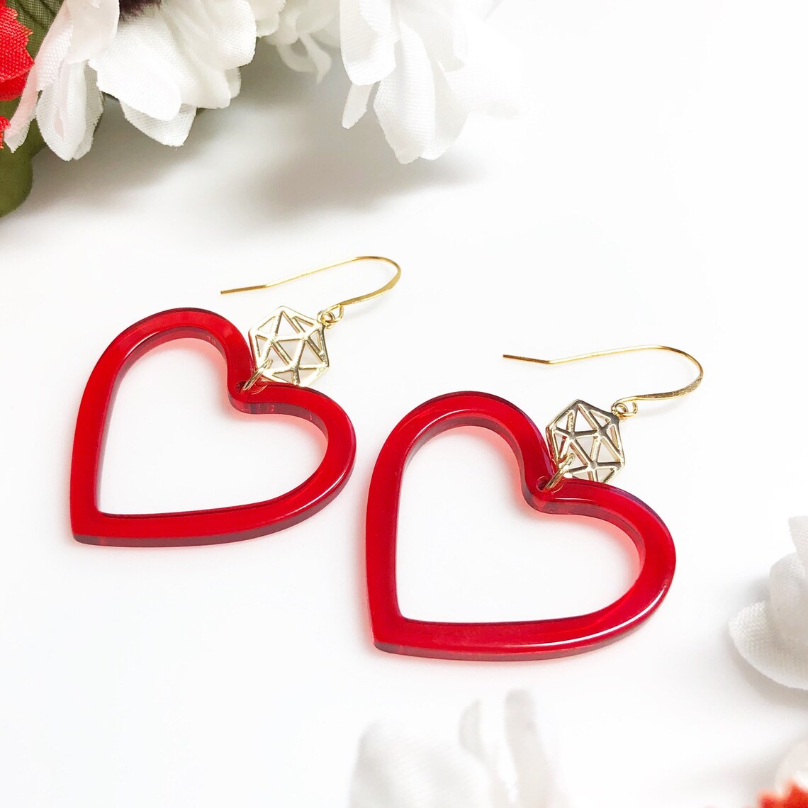 Red and Gold D20 Heart Earrings Red Heart Statement Earrings - Etsy