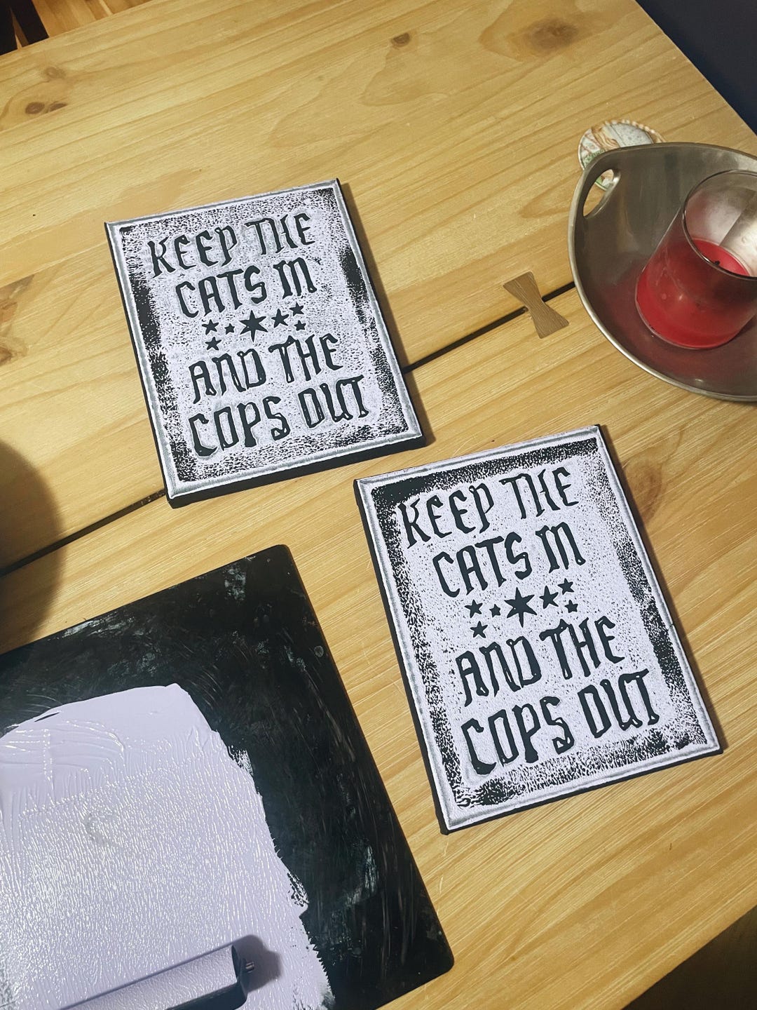 Keep the Cats in and Cops Out Block Print Lavender on Black Canvas ...