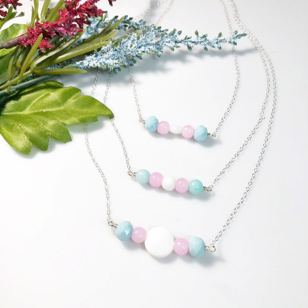 Trans Pride Flag Beaded Bar Necklace • Solid Sterling Silver Chain ...