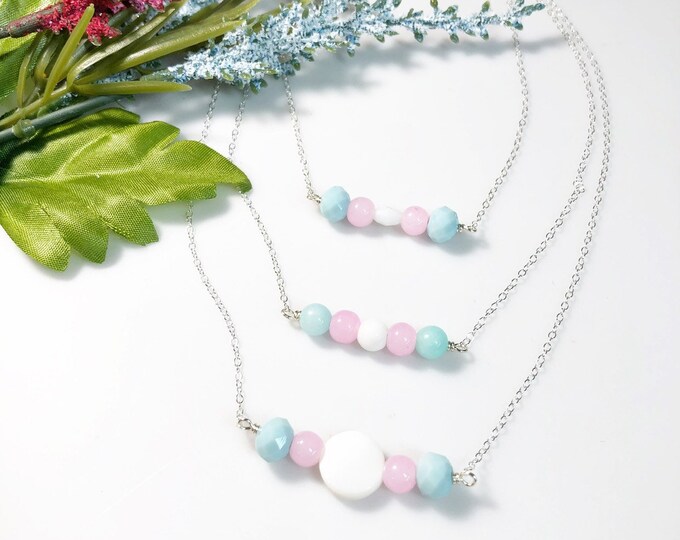 Trans Pride Flag Beaded Bar Necklace • Solid Sterling Silver Chain ...