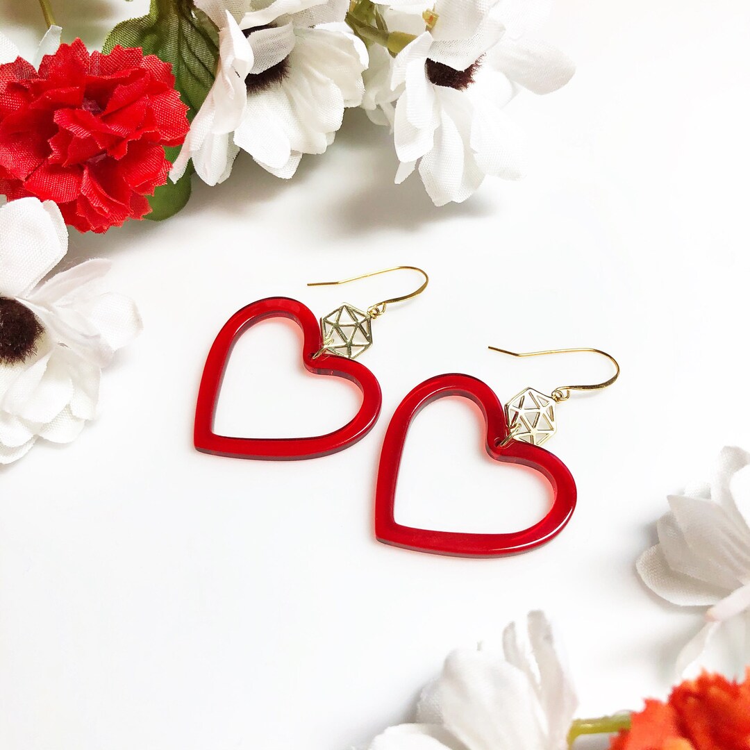 Red and Gold D20 Heart Earrings • Red Heart Statement Earrings • D20 ...
