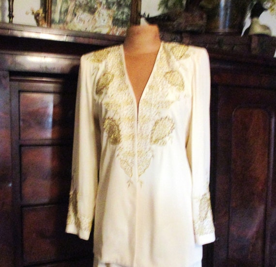 Jenna Ivory Silk Suit 1940's Gold Embellishments Made… - Gem
