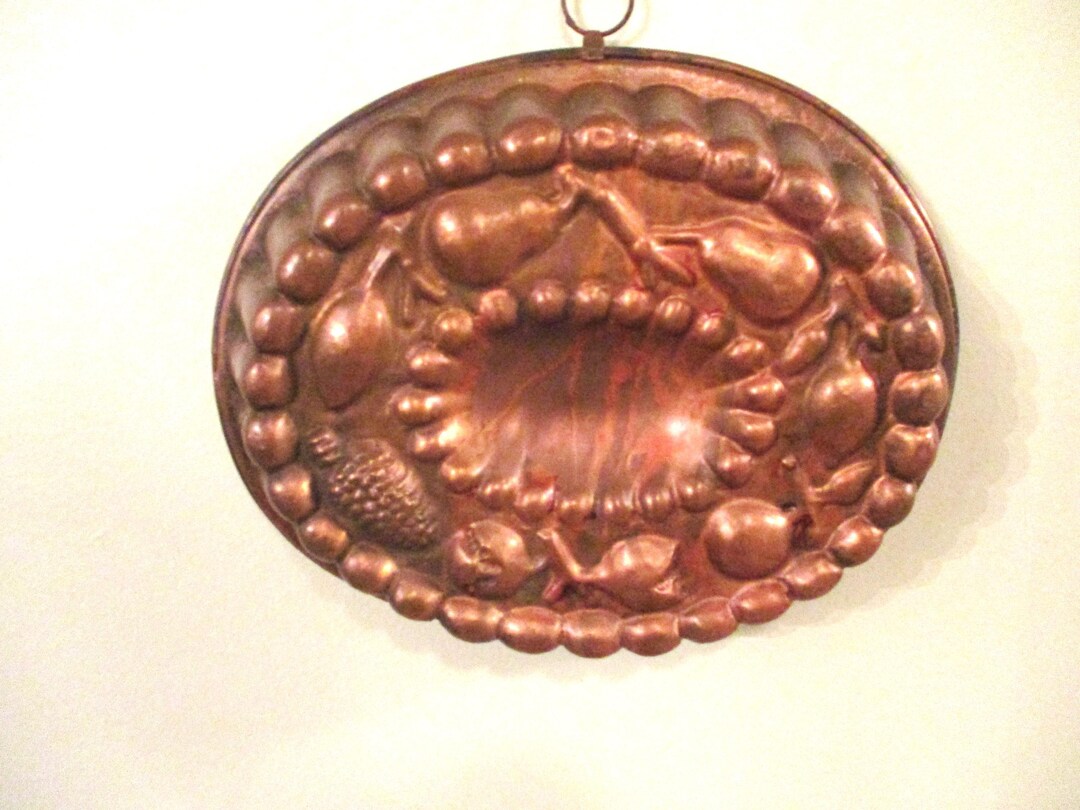 Copper Food Mold Fluted Oval Vintage Wall Hanging Fruit Motif Tin Lined ...