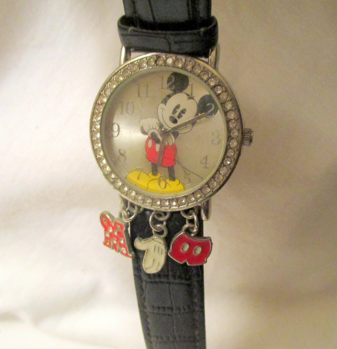 Disney Authentic Mickey Mouse Watch With Crystals Charms Leather Band ...
