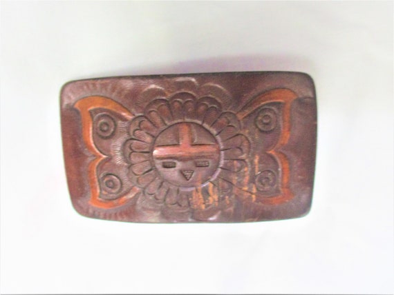 Belt Buckle Native American Tooled Leather Handmade N… - Gem