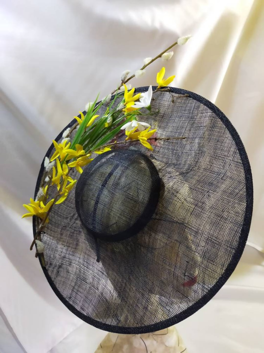 Black Sinamay Saucer Hat: Spring Flower Trim, Occasion Headwear - Etsy
